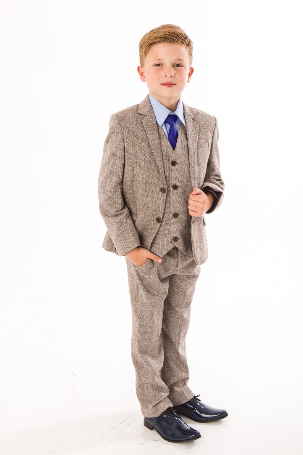 Boys 5 Piece Brown Herringbone Tweed Suit - Occasionwear for Kids
