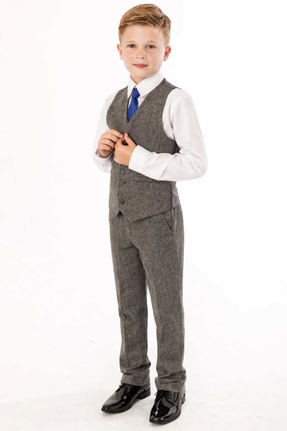 Boys 4 Piece Grey Herringbone Tweed Suit - Occasionwear for Kids