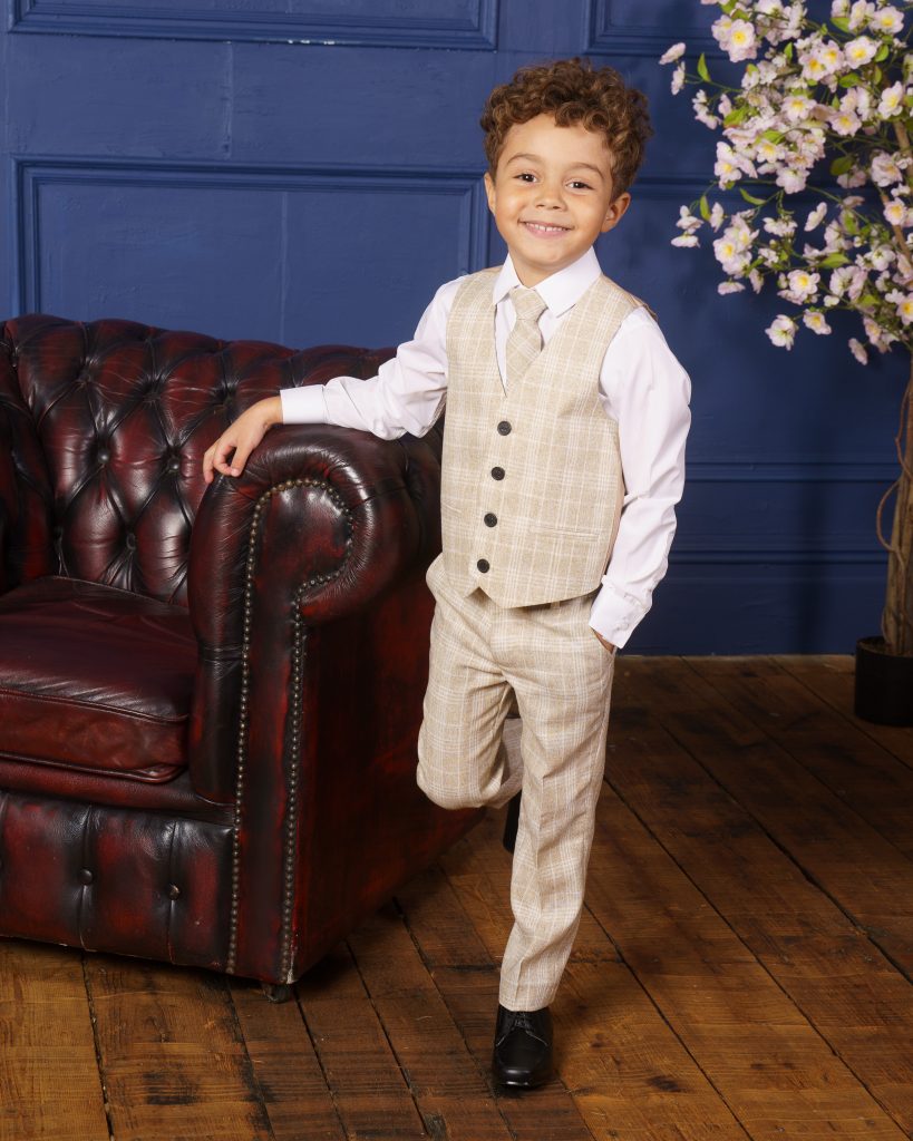 Boys 4 Piece Beige Check Suit Milano Mayfair - Occasionwear for Kids