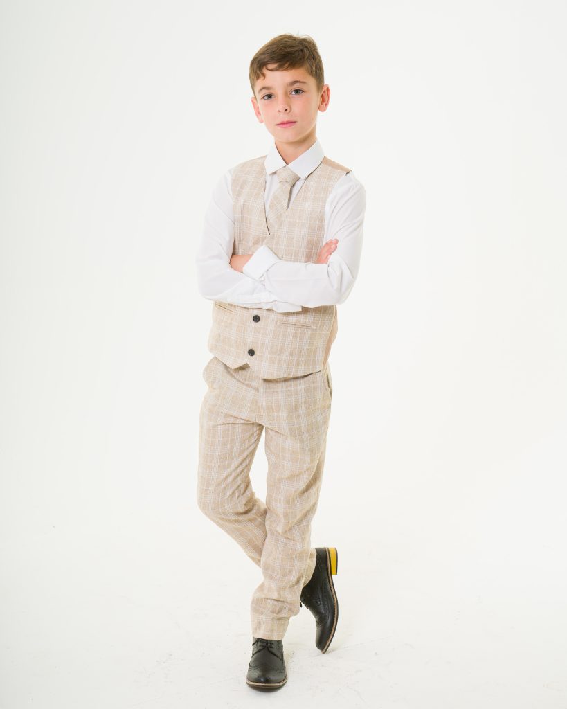 Boys 4 Piece Beige Check Suit Milano Mayfair - Occasionwear for Kids