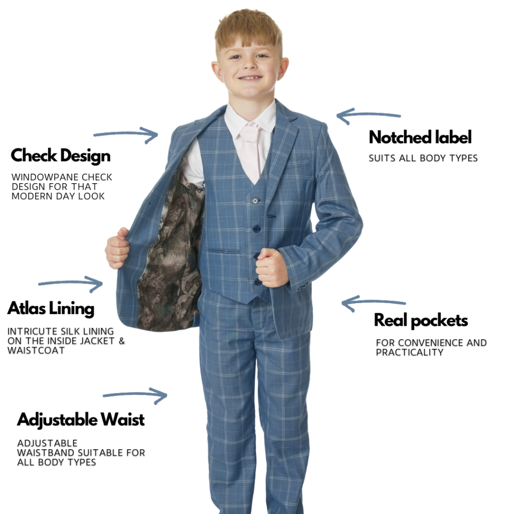 Boys 5 Piece Blue Check Suit - Occasionwear for Kids