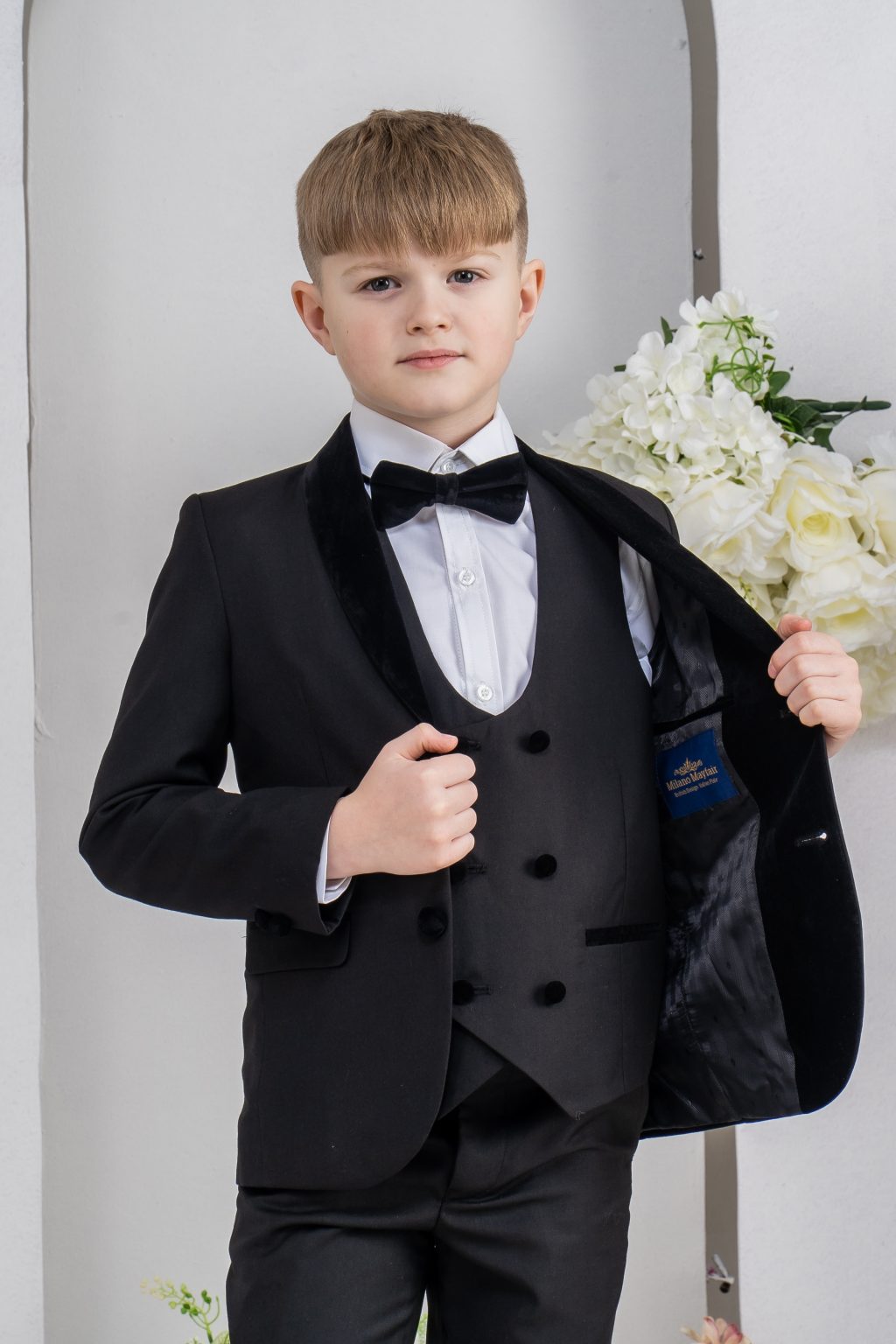 Boys 5 Piece Black Velvet Lapel Tuxedo Suit Milano Mayfair ...